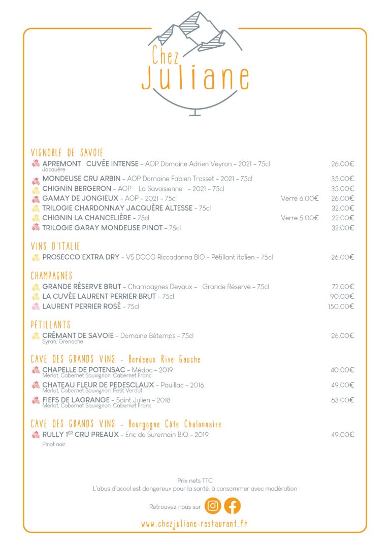 Menu - Chez Juliane restaurant